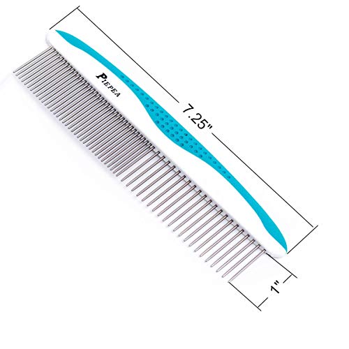 Piepea Pet Comb, Stainless Steel Teeth Comb for Dogs & Cats, Pet Hair Comb for Home Grooming Kit, Removes Knots, Mats and Tangles, 7 1/4"