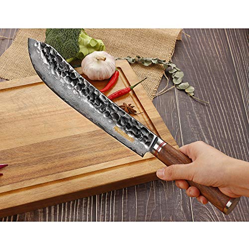 YOUSUNLONG Breaking Knives 10 inch Pro Bull Nose Butcher Knife Japanese Hammered Damascus Steel Natural Walnut Wooden Handle