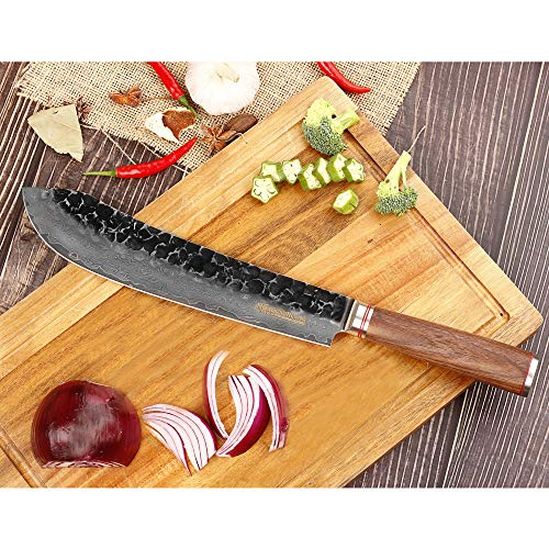 YOUSUNLONG Breaking Knives 10 inch Pro Bull Nose Butcher Knife Japanese Hammered Damascus Steel Natural Walnut Wooden Handle