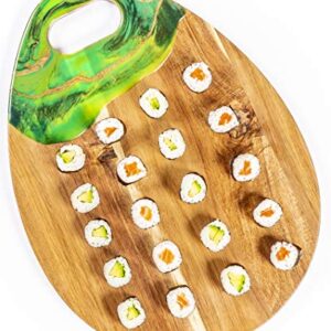 Wood Cheese Board and Knife Set, Large Cutting Board,16" x 12", Charcuterie board, Handmade Forest Resin decorated Tear Drop shape… (Forest)