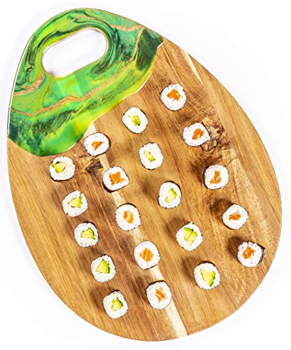 Wood Cheese Board and Knife Set, Large Cutting Board,16" x 12", Charcuterie board, Handmade Forest Resin decorated Tear Drop shape… (Forest)