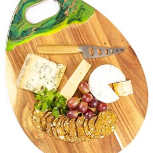 Wood Cheese Board and Knife Set, Large Cutting Board,16" x 12", Charcuterie board, Handmade Forest Resin decorated Tear Drop shape… (Forest)