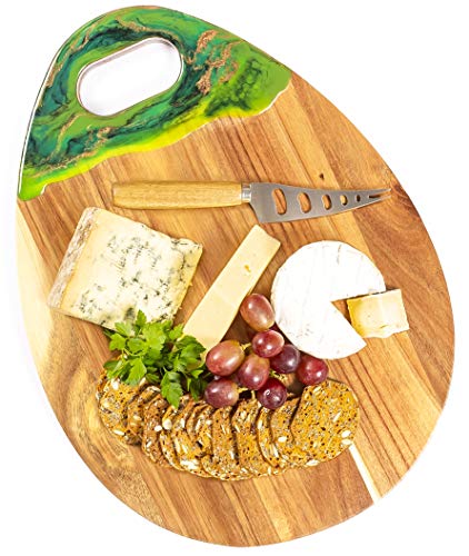 Wood Cheese Board and Knife Set, Large Cutting Board,16" x 12", Charcuterie board, Handmade Forest Resin decorated Tear Drop shape… (Forest)