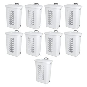 sterilite rectangular plastic slim laundry hamper basket bin with wheels, lift top, and pull handle for easy transportation, white, 9 pack