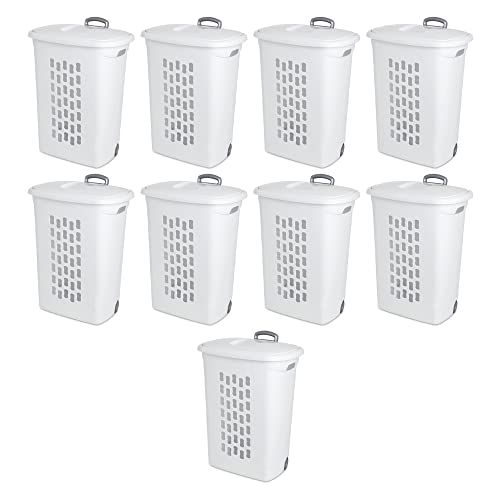 Sterilite Rectangular Plastic Slim Laundry Hamper Basket Bin with Wheels, Lift Top, and Pull Handle for Easy Transportation, White, 9 Pack