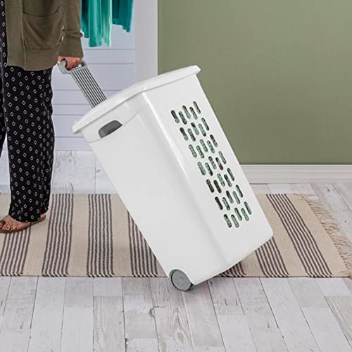 Sterilite Rectangular Plastic Slim Laundry Hamper Basket Bin with Wheels, Lift Top, and Pull Handle for Easy Transportation, White, 9 Pack