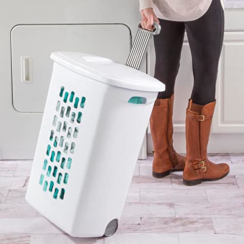 Sterilite Rectangular Plastic Slim Laundry Hamper Basket Bin with Wheels, Lift Top, and Pull Handle for Easy Transportation, White, 9 Pack