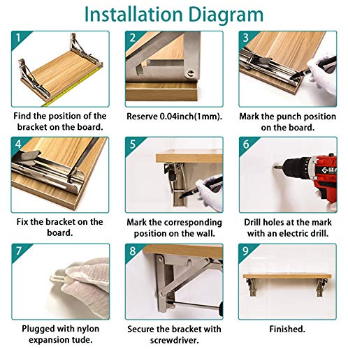 Folding Shelf Brackets,Max Load 440lb Folding Shelf Hinge Wall Mounted, Heavy Duty 304 Stainless Steel Collapsible Shelf Bracket,Space Saving DIY Bracket for Table Work Bench (12 Inch)