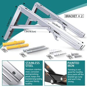 Folding Shelf Brackets,Max Load 440lb Folding Shelf Hinge Wall Mounted, Heavy Duty 304 Stainless Steel Collapsible Shelf Bracket,Space Saving DIY Bracket for Table Work Bench (12 Inch)