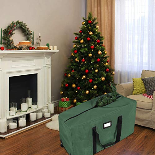 ProPik Rolling Christmas Tree Storage Bag, Fits Up to 7.5 Ft. Tall Disassembled Holiday Tree, 22" x 16" x 50", Large Heavy Duty Xmas Storage Container with 2 Wheels & Handles, 600D Oxford (Green)