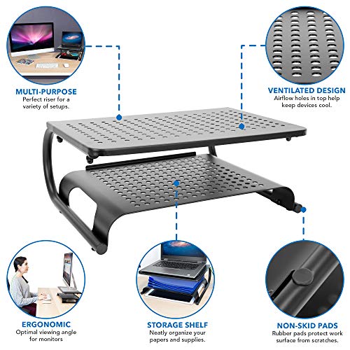 MOUNT-IT! 2 Tier Desk Organizer Riser | Computer Monitor Stand with Keyboard Storage Shelf for Desktops, Laptops, Printers, Home Office Space Saver (2 Shelves)