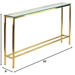 Cortesi Home Juan Console Table, Skinny 56" x 8", Brushed Gold Color with Clear 10mm Glass,CH-AT656930