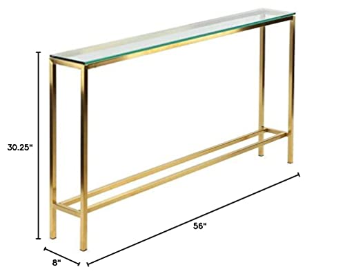 Cortesi Home Juan Console Table, Skinny 56" x 8", Brushed Gold Color with Clear 10mm Glass,CH-AT656930