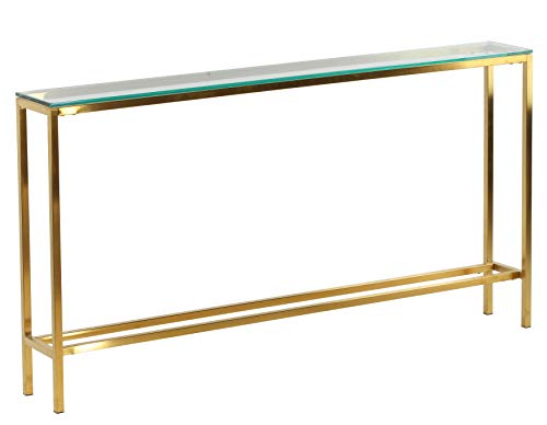 Cortesi Home Juan Console Table, Skinny 56" x 8", Brushed Gold Color with Clear 10mm Glass,CH-AT656930