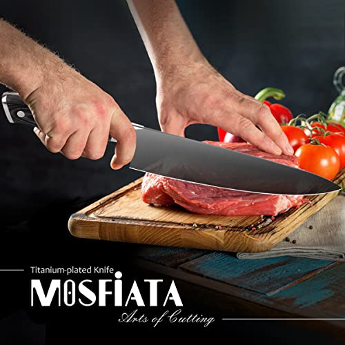 MOSFiATA 8” Super Sharp Titanium Plated Chef's Knife for Kitchen with Finger Guard and Knife Sharpener in Gift Box, High Carbon German Stainless Steel EN1.4116 Titanium Coated Stylish Cooking Knife