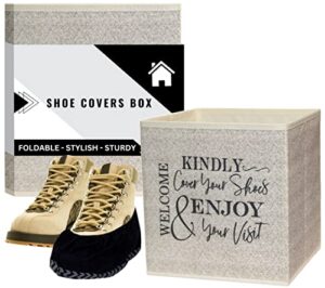 shoe covers box - welcomes guests to please cover shoes. indoor foldable storage bin to fill w/your favorite booties. for homeowner, real estate agent, realtor open house supplies | 1 beige & black