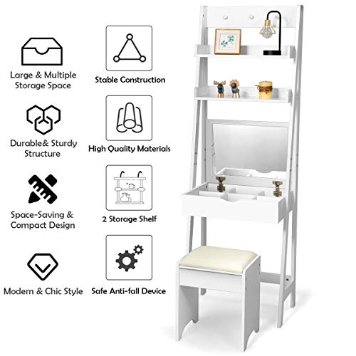 CHARMAID 3-in-1 Vanity Set with Flip Top Mirror, 6 Makeup Organizers, 2 Storage Shelves, 3 Hat Hooks Vanity Table Desk Bookshelf with Cushioned Stool, Ladder Desk Makeup Vanity for Small Spaces, White