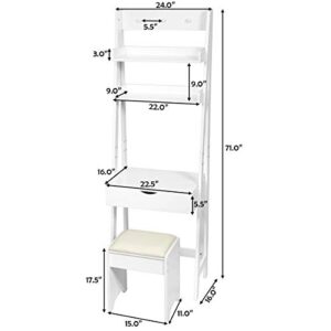 CHARMAID 3-in-1 Vanity Set with Flip Top Mirror, 6 Makeup Organizers, 2 Storage Shelves, 3 Hat Hooks Vanity Table Desk Bookshelf with Cushioned Stool, Ladder Desk Makeup Vanity for Small Spaces, White