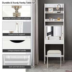 CHARMAID 3-in-1 Vanity Set with Flip Top Mirror, 6 Makeup Organizers, 2 Storage Shelves, 3 Hat Hooks Vanity Table Desk Bookshelf with Cushioned Stool, Ladder Desk Makeup Vanity for Small Spaces, White