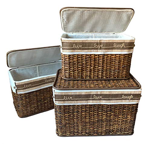 GUTZ Handcrafted Wicker Set of 3 Storage Handwoven Rattan Footlocker Basket Chest Home Organizers with Lids, Handles, Cloth Liner and Coconut Buttons, Jute Rope, and Raffia Weave Accent