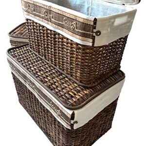 GUTZ Handcrafted Wicker Set of 3 Storage Handwoven Rattan Footlocker Basket Chest Home Organizers with Lids, Handles, Cloth Liner and Coconut Buttons, Jute Rope, and Raffia Weave Accent