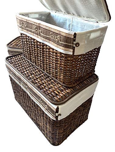 GUTZ Handcrafted Wicker Set of 3 Storage Handwoven Rattan Footlocker Basket Chest Home Organizers with Lids, Handles, Cloth Liner and Coconut Buttons, Jute Rope, and Raffia Weave Accent