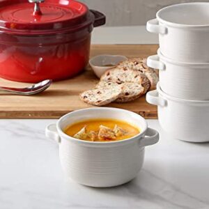 LE TAUCI Soup Bowls with Handles, Ceramic French Onion Soup Bowls 28 Ounces for Soup, Cereal, Chilli, Beef Stew, Stackable Serving Bowls Set, Oven Microwave Dishwasher Safe, Set of 4, White