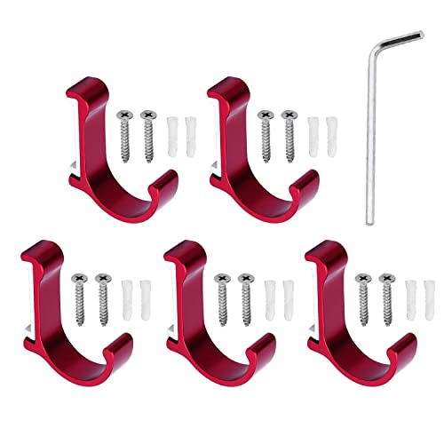 MroMax Wall Mounted Hook, Aluminum Alloy Coat Hooks with Screws, Single Hook for Hanging Bathroom Robe, Coat, Keys and Bag, Red 5Pcs