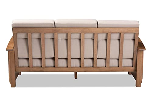 Baxton Studio Charlotte Modern Classic Mission Style Taupe Fabric Upholstered Walnut Brown Finished Wood 3-Seater Sofa