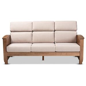 Baxton Studio Charlotte Modern Classic Mission Style Taupe Fabric Upholstered Walnut Brown Finished Wood 3-Seater Sofa