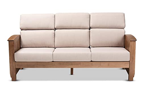 Baxton Studio Charlotte Modern Classic Mission Style Taupe Fabric Upholstered Walnut Brown Finished Wood 3-Seater Sofa