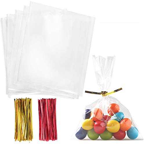 Cello Cellophane Treat Bags,5x7 Inches Clear Cellophane Bags 200 Pcs OPP Plastic Treat Bags with 200 Twist Ties for Gift Wrapping,Packaging Candies,Dessert,Bakery, Cookies, Chocolate,Party Favor