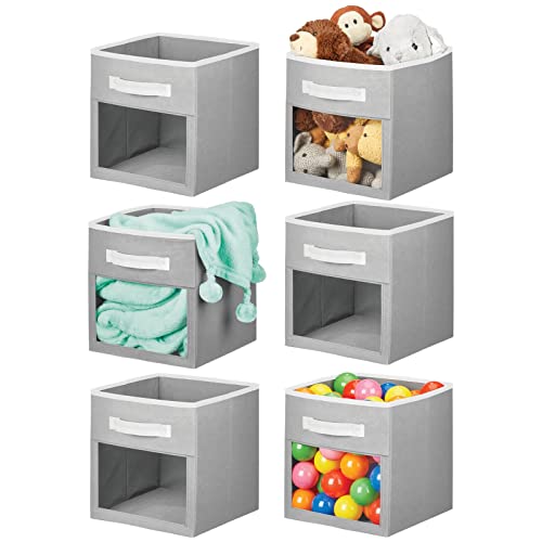 mDesign Fabric Nursery/Playroom Closet Storage Organizer Bin Box with Front Handle/Window for Cube Furniture Shelving Units, Hold Toys, Clothes, Diapers, Bibs, Jane Collection, 6 Pack - Gray/White