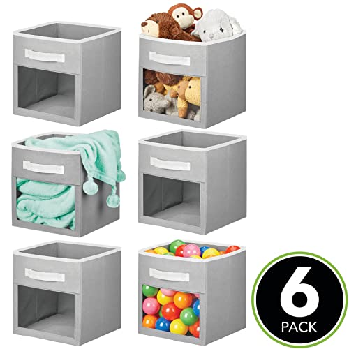 mDesign Fabric Nursery/Playroom Closet Storage Organizer Bin Box with Front Handle/Window for Cube Furniture Shelving Units, Hold Toys, Clothes, Diapers, Bibs, Jane Collection, 6 Pack - Gray/White