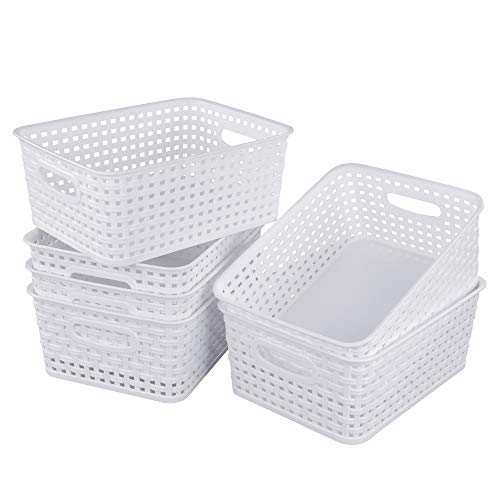 Sandmovie White Plastic Rattan Storage Baskets, 6 Packs