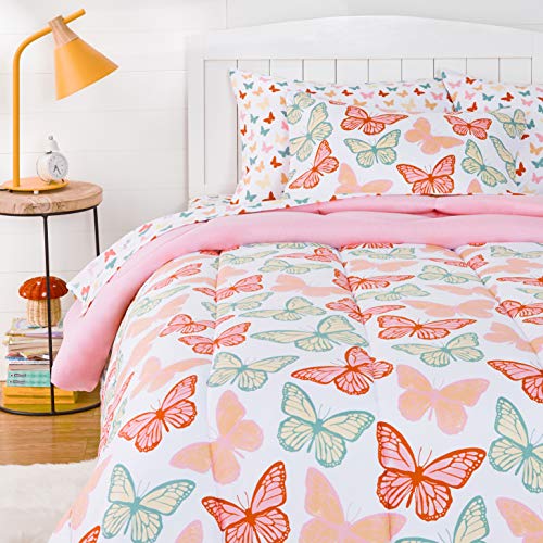 Amazon Basics Kid's Easy Care Microfiber Bed-in-a-Bag Bedding Set, 5-Piece Set, Twin, Butterfly Friends