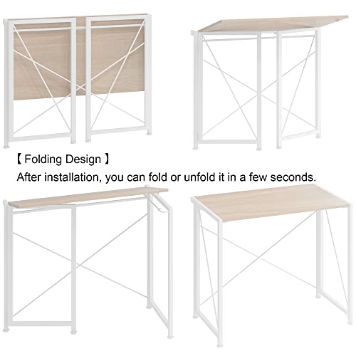 4NM 33.5" Small Folding Desk, Simple Assembly Computer Desk Home Office Desk Study Writing Table for Small Space Offices - Natural and White