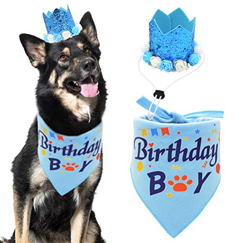 Dog Birthday Bandana Boy Scarf and Crown Dog Birthday Hat, Flower Headwear for Medium to Large Dogs Blue