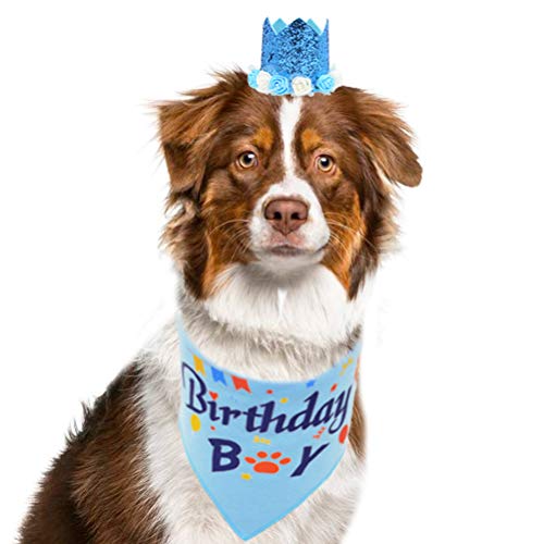 Dog Birthday Bandana Boy Scarf and Crown Dog Birthday Hat, Flower Headwear for Medium to Large Dogs Blue