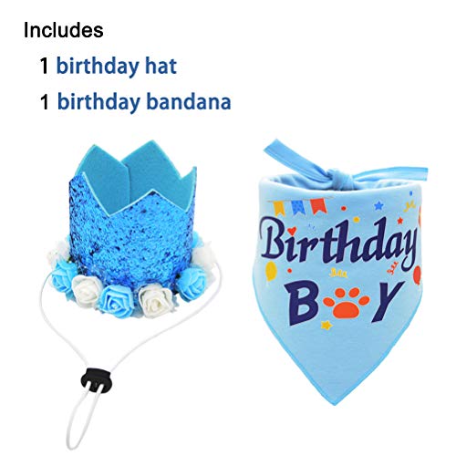 Dog Birthday Bandana Boy Scarf and Crown Dog Birthday Hat, Flower Headwear for Medium to Large Dogs Blue