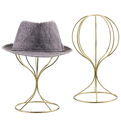 MyGift Modern Brass Electroplated Metal Hat Holder Stand, Decorative Tabletop Wig and Hat Display Stand, Set of 2 - Handcrafted in India