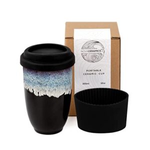 nova ceramics reusable coffee cup, ceramic travel mug with lid, portable coffee cup, unique to go mug, microwave, dishwasher safe, 12oz, black with running blue glaze, monsoon