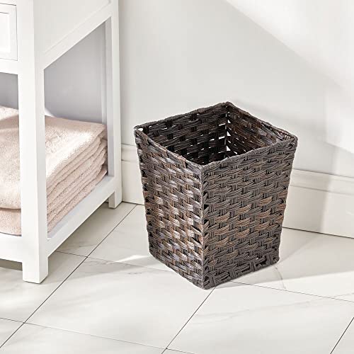 mDesign Small Woven Basket Trash Can Wastebasket - Square Garbage Container Bin for Bathrooms, Kitchens, Home Offices, Craft, Laundry, Utility Rooms, Garages - Espresso Brown