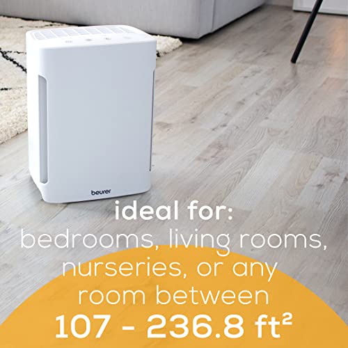 Beurer LR210 Air Purifier for Home, 3-Layer H13 True HEPA Filter System, 3 Fan Settings, Clean Ambient Air, Air Filter for Allergies & Pets, Cleaner with Sleep Mode & Timer