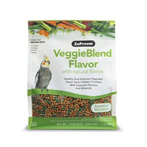 zupreem veggieblend smart pellets bird food for medium birds, 2 lb bag - made in usa, daily nutrition, essential vitamins, minerals for cockatiels, quakers, lovebirds, small conures