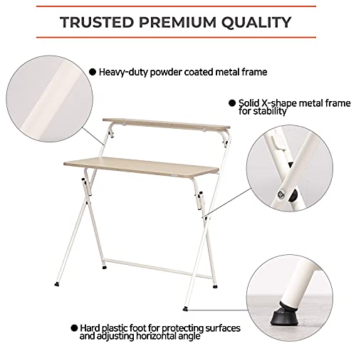 SOFSYS Modern Folding Desk for Small Space, Computer Gaming, Writing, Student and Home Office Organization, Industrial Metal Frame with Premium Desktop Surfaces, Oak/White