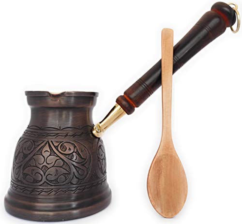 DEDE Copper - IST Series (XLarge-16.9 floz)-Thickest Solid Copper Engraved Turkish Greek Arabic Coffee Pot with Wooden Handle, Stovetop Coffee Maker Cezve, Jezve, Jazva, Jazzve, Ibrik, Briki (Antique)