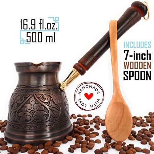 DEDE Copper - IST Series (XLarge-16.9 floz)-Thickest Solid Copper Engraved Turkish Greek Arabic Coffee Pot with Wooden Handle, Stovetop Coffee Maker Cezve, Jezve, Jazva, Jazzve, Ibrik, Briki (Antique)