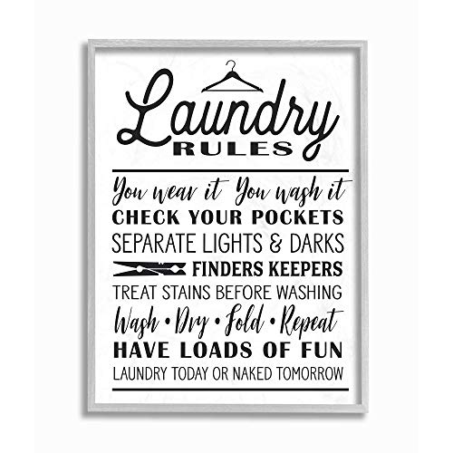 Stupell Industries Laundry Rules with Hanger Typography Grey Framed Wall Art, 16 x 20, Design by Artist Lettered and Lined