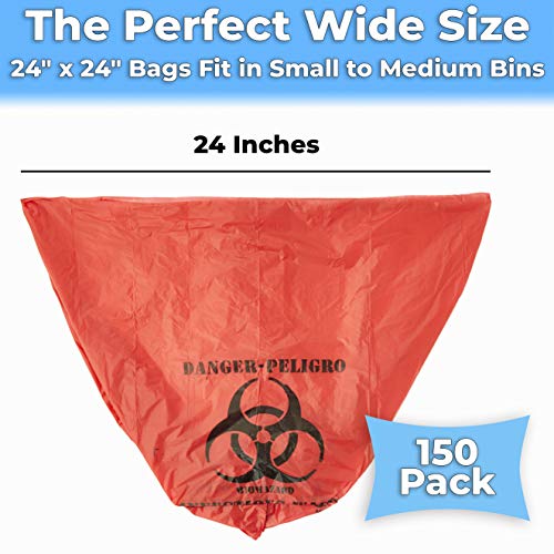 No Leak, Hospital Grade Biohazard Waste Bags 150 Pk. 10 Gallon, 24" Red Trash Liner With Hazard Symbol For Infectious Waste Disposal. Best Small Lab Can Liners for Labeling Biohazardous Trash Safely